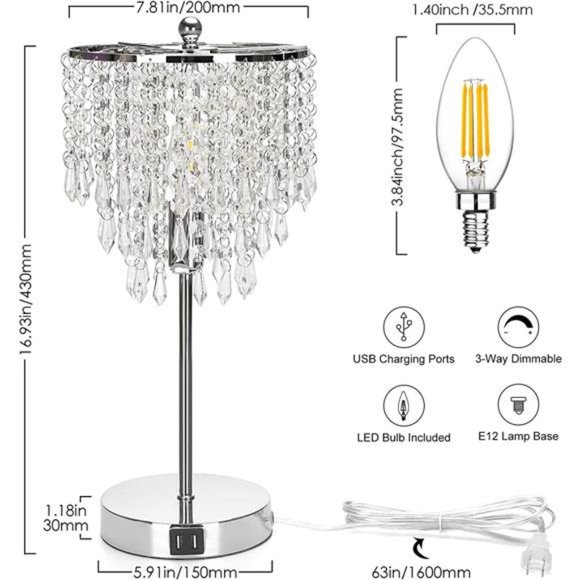 Accents | Touch Control Crystal Table Lamp With Dual Usb Charging Ports ...